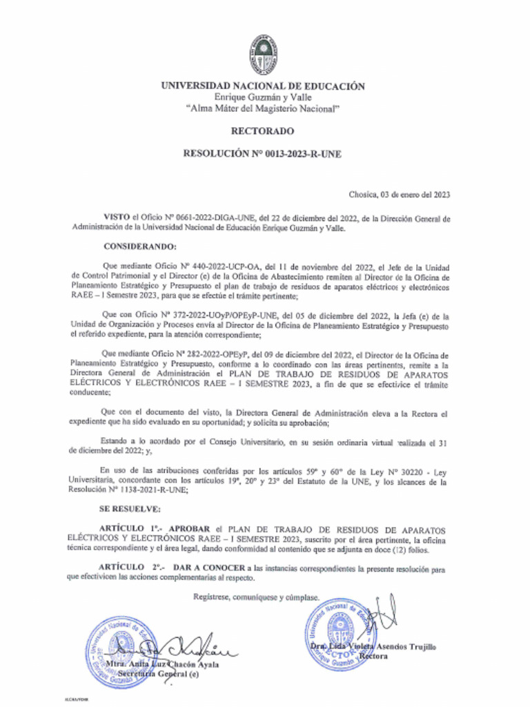 Plan Raeeresolucion - 0013-2023-R-UNE - Plan-Trabajo-Residuos | PDF