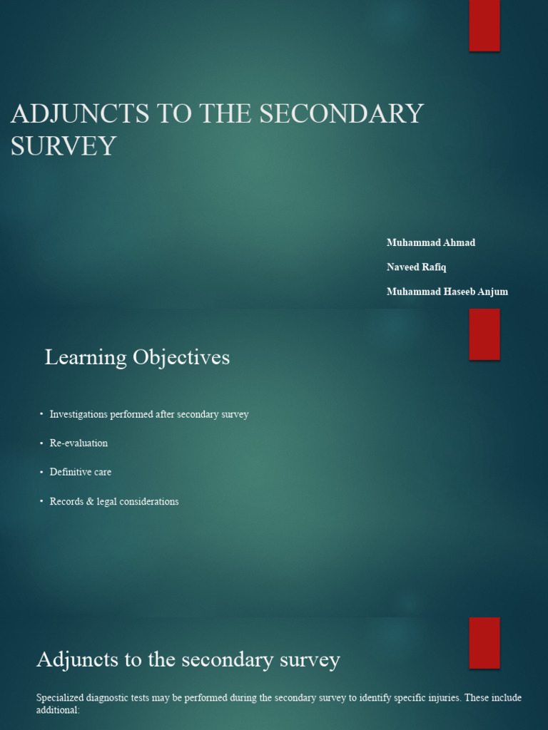 Adjuncts To The Secondary Survey | PDF | Major Trauma | Ct Scan