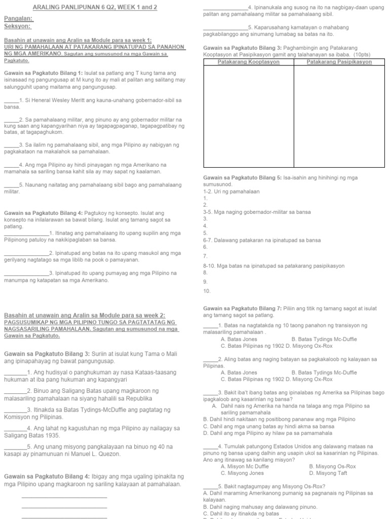 Quarter 2 Week 1-8 AP6 Worksheet | PDF