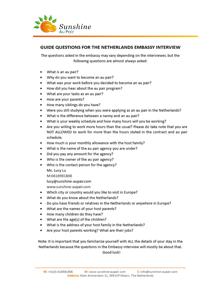 Sunshine AP Guide Questions For Dutch Embassy Interview | PDF | Self-Improvement