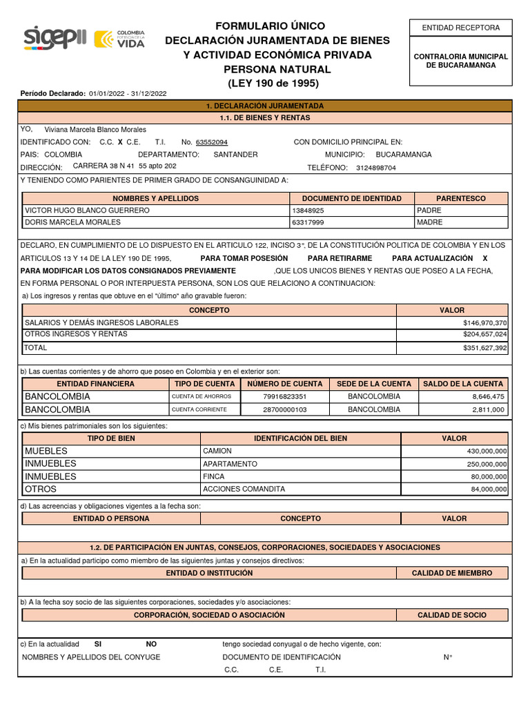 DECLARACION DE BIENES Y RENTAS - SIGEP - 2022 - VIVIANA MARCELA BLANCO ...