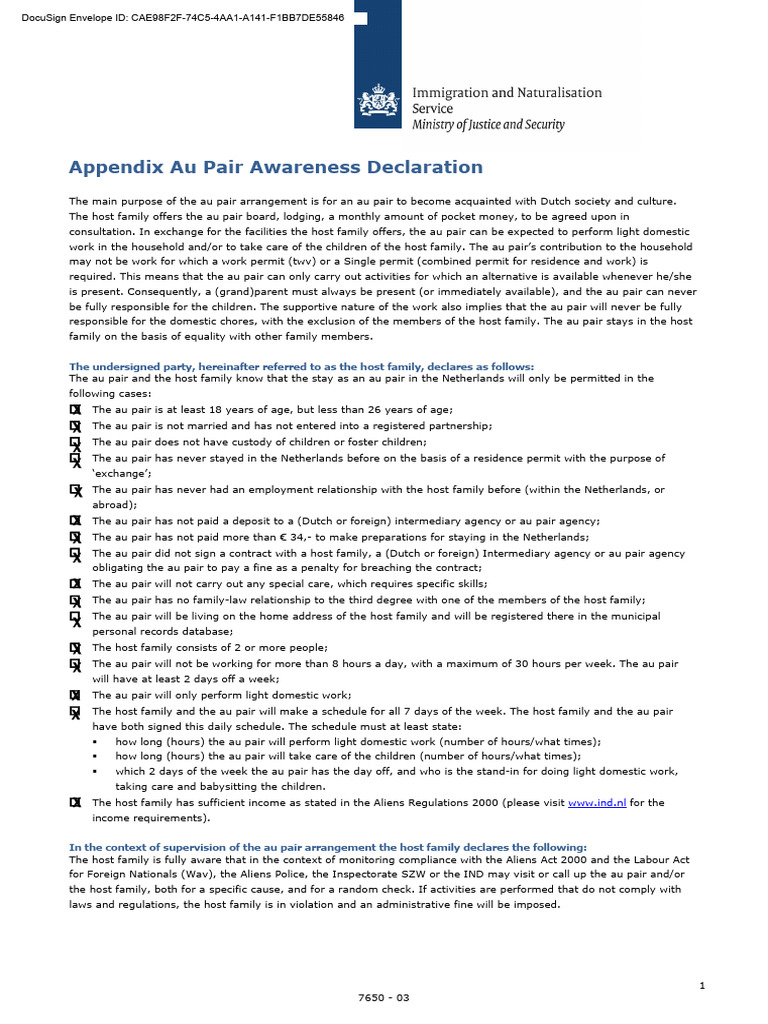Appendix Au Pair Awareness Declaration - Oct 2022 | PDF | Justice | Crime & Violence