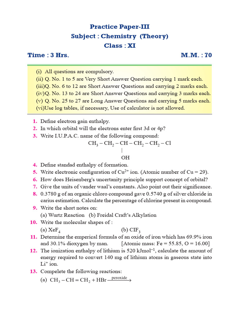 11 Chemistry Sample Papers 2018 2019 Set 3 | PDF | Chemical Reactions ...