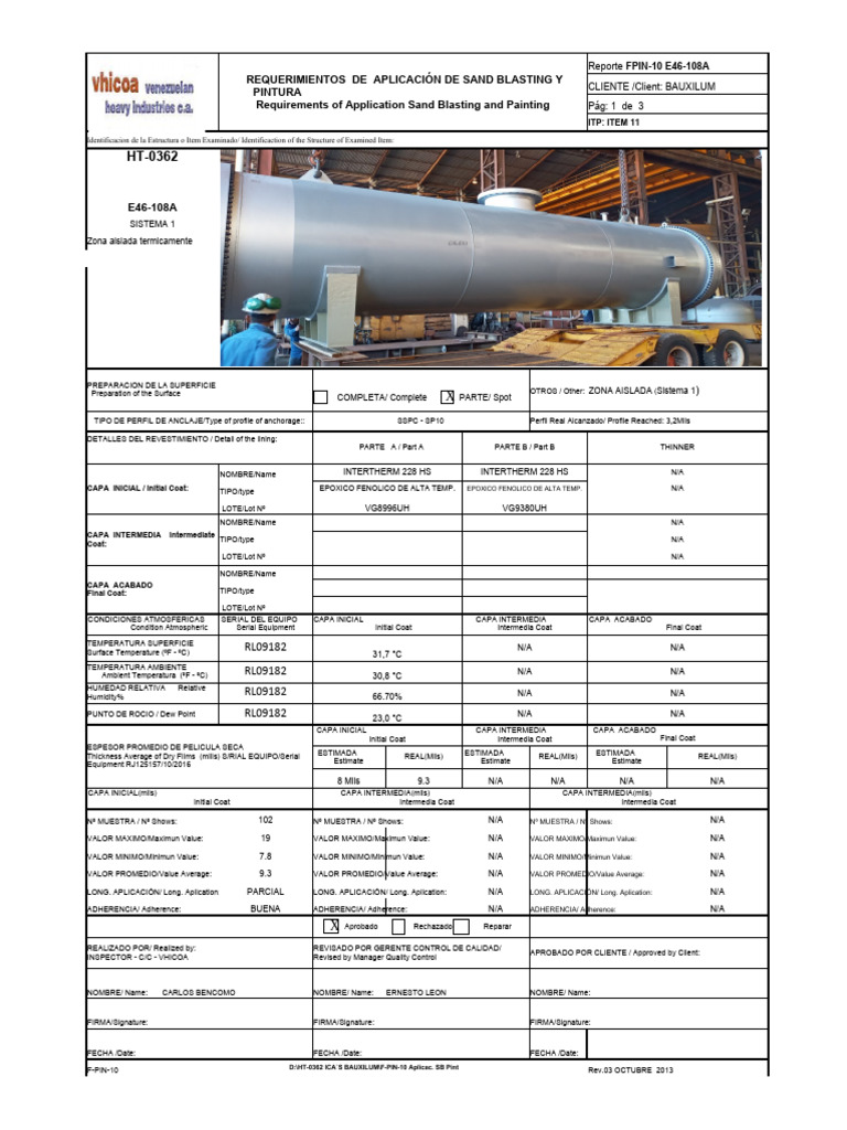 Requerimientos de Aplicación de Sand Blasting Y Pintura Requirements of Application Sand ...
