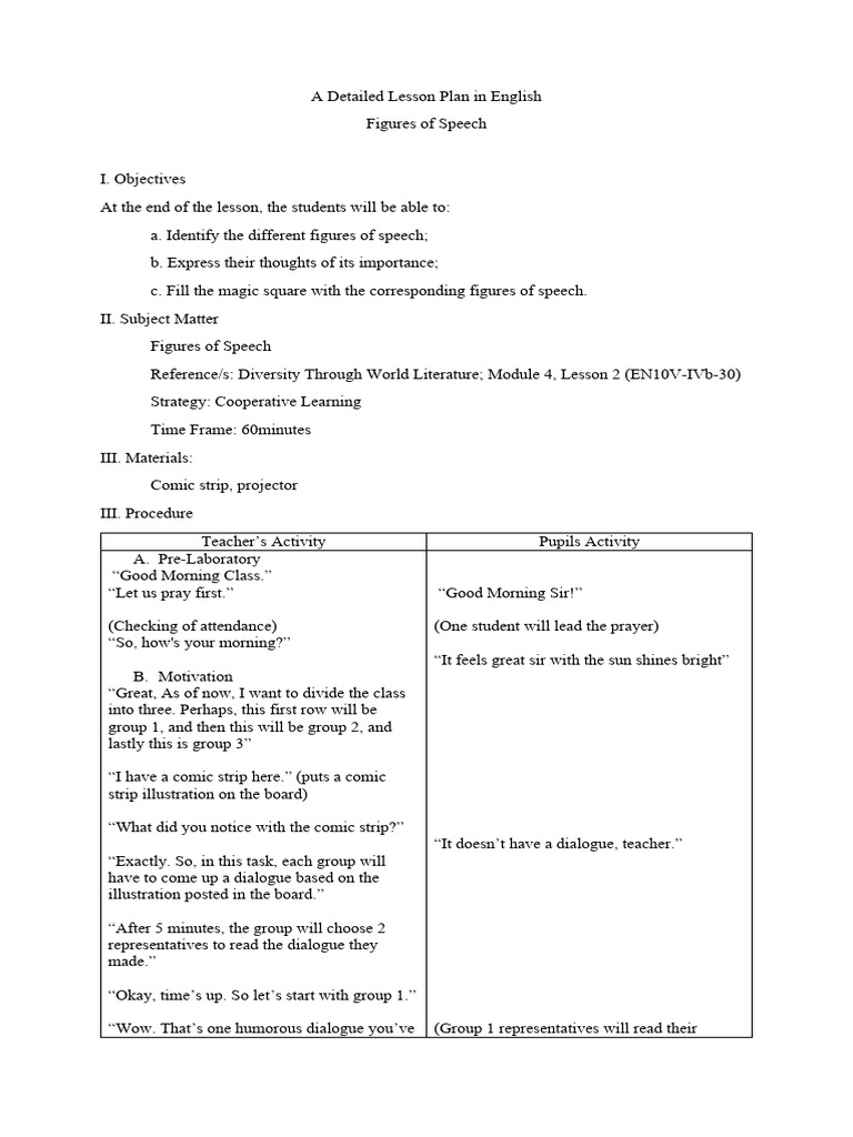 A Detailed Lesson Plan in English Figures of Speech Nica | PDF | Art