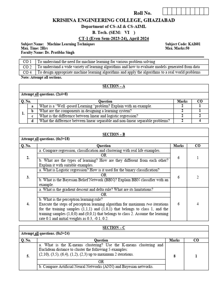 ML CT Question Paper 2023 24 | PDF | Machine Learning | Applied Mathematics