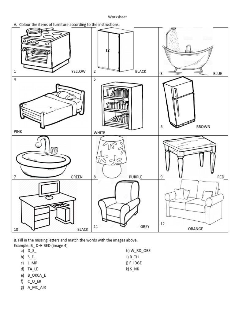 Furniture Coloring and Word Match Worksheet | PDF