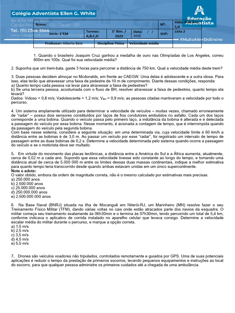 Lista 2 - 1°EM | PDF | Tempo | Radar