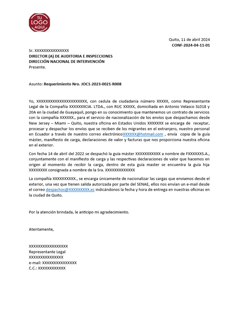 Carta para Requerimientos de Aduana | PDF