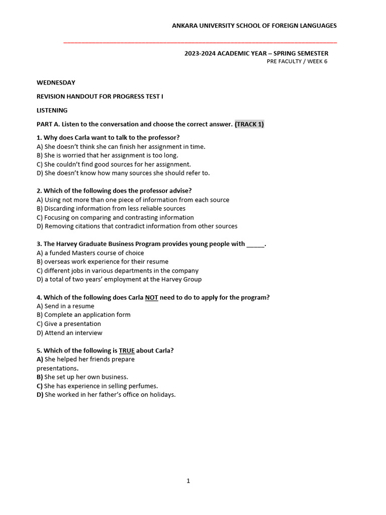 Revision Handout For Progress Test I (Listening) 2 | PDF | Intelligence ...