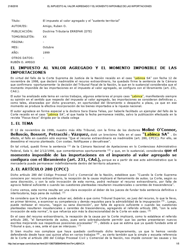 Labinca Comentario de Ruben Amigo | PDF | Impuestos | Sentencia (ley)