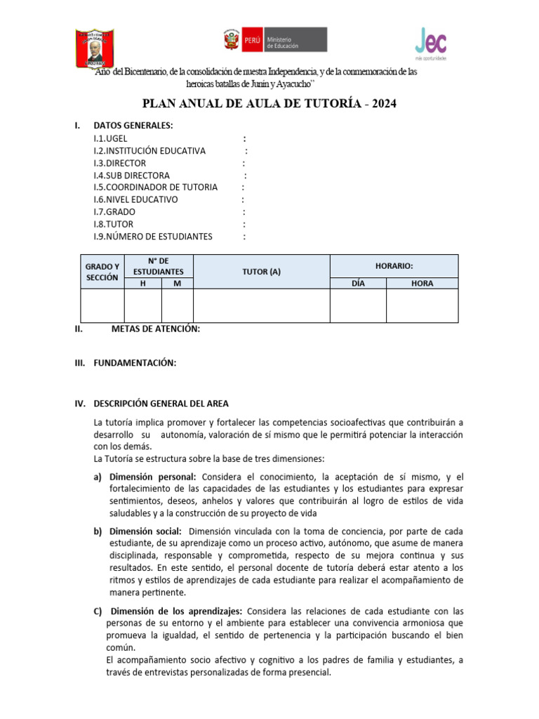 Plan de Aula de Tutoría 2024 | PDF | Aprendizaje | Salón de clases