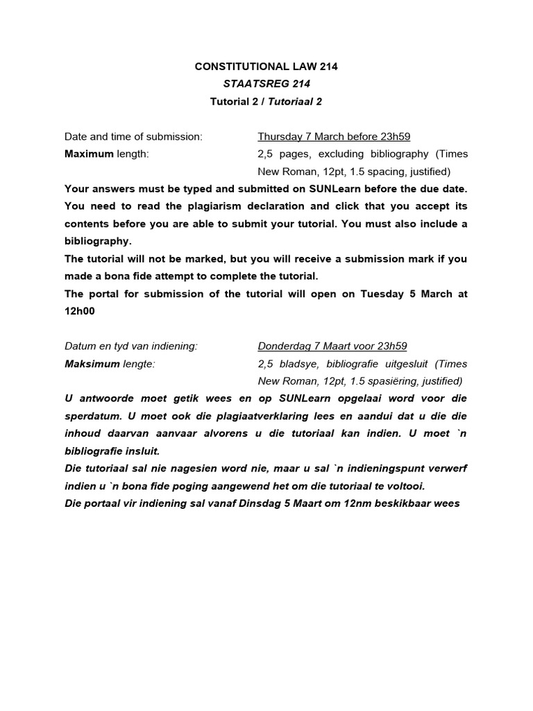 CON LAW 214 Tutorial 2 2024 | PDF | Separation Of Powers | Public Law