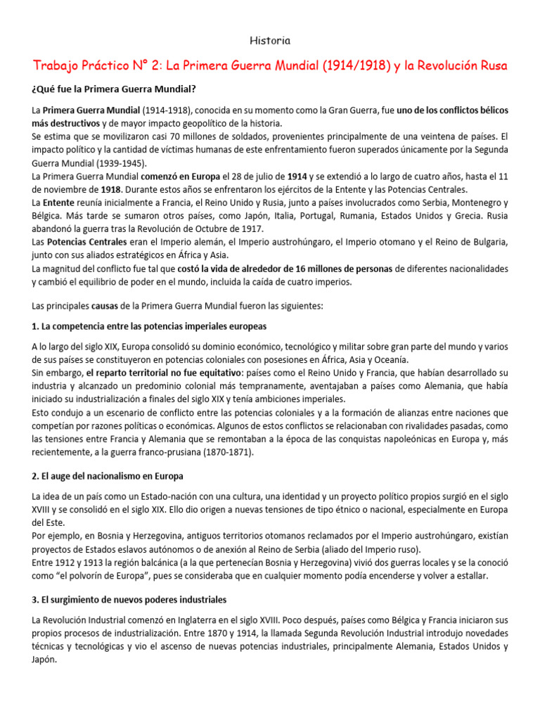 La Primera Guerra Mundial: Causas y Consecuencias | PDF | Primera ...