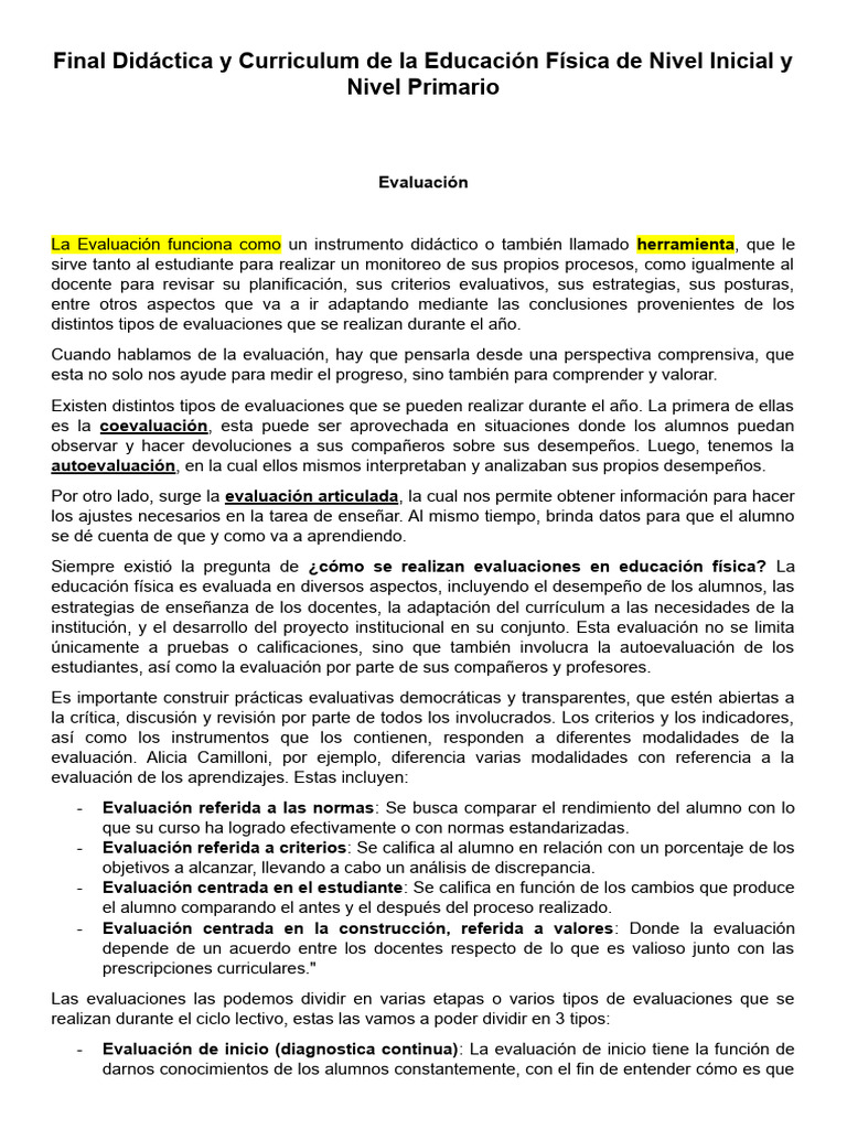 Final Didáctica y Curriculum de La Educación Física de Nivel Inicial y Nivel Primario | PDF ...
