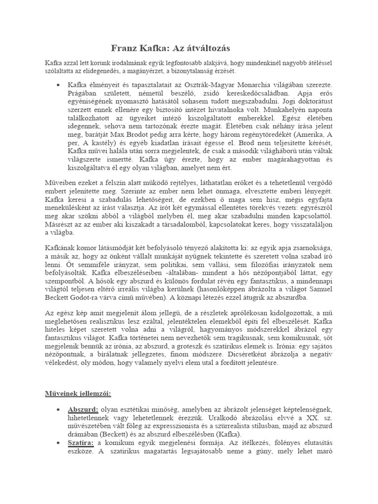 Franz Kafka Az Átváltozás | PDF