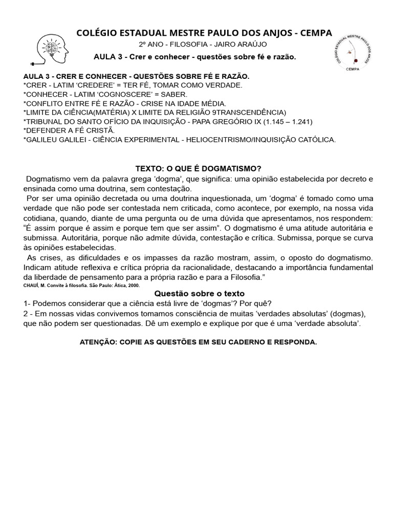 Aula 3 - Filo - 2ºano | PDF | Fé | Science