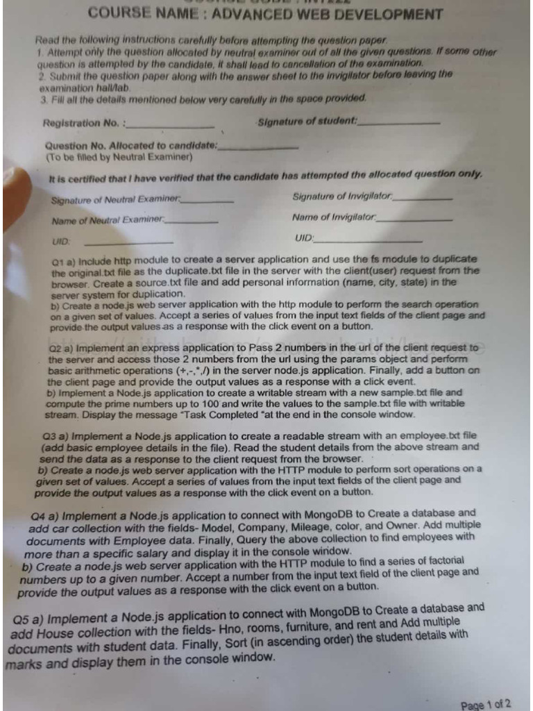 Question Paper1 - INT222 Advanced Web Development | PDF | Networking | Internet & Web