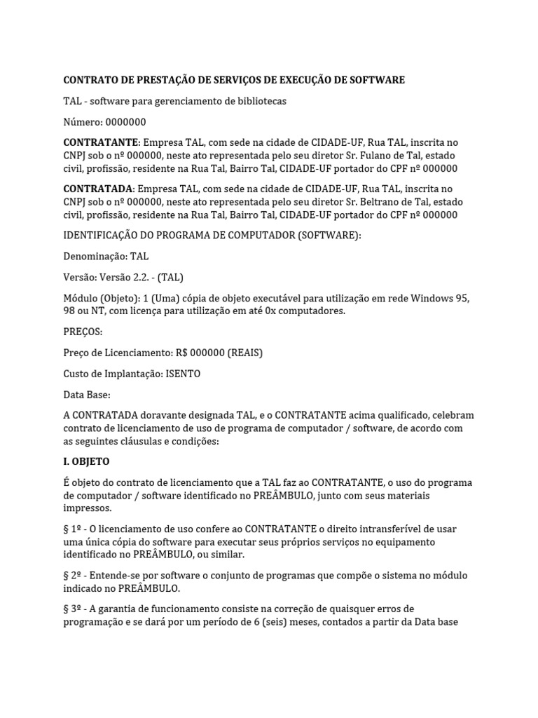 Modelo de Contrato de Prestacao de Servicos de Execucao de Software ...