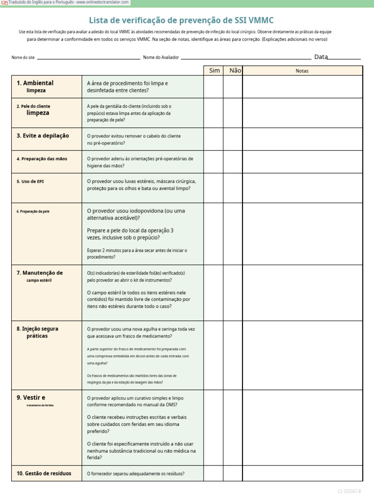 1VMMC SSI Prevention Checklist - En.pt | PDF | Desperdício