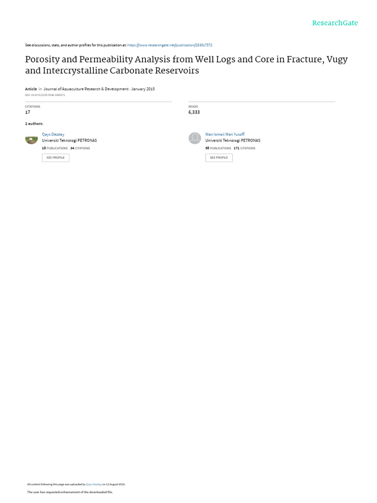 Porosity and Permeability Analysis From Well Logs | PDF | Petroleum Reservoir | Porosity