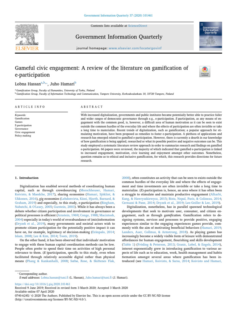 Gameful Civic Engagement A Review of The Literature On Gamification of E-Participation ...