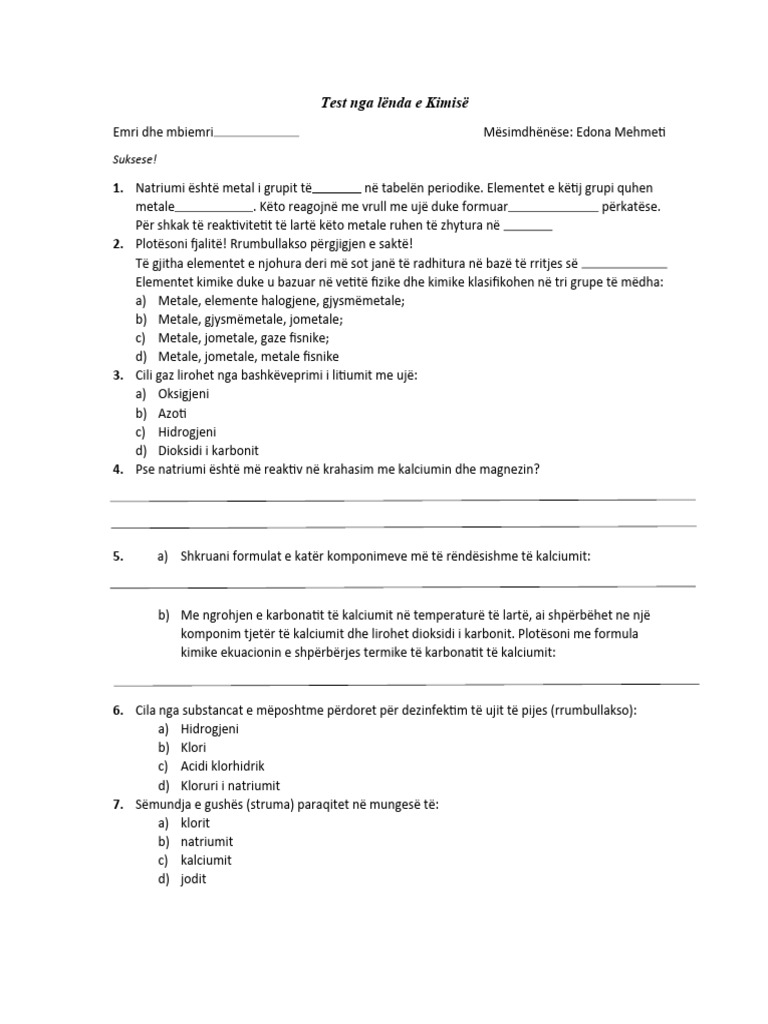 Test KLASA 8 Kimi Gr. A | PDF