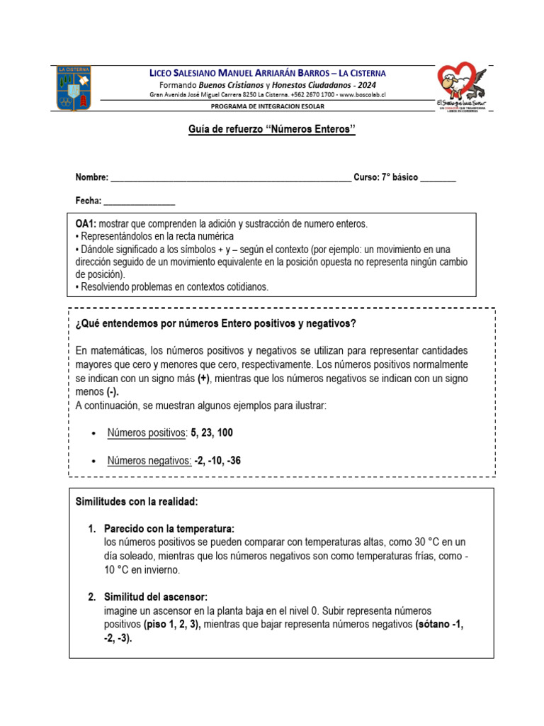 Guia Numeros Enteros 7° | PDF | Sustracción | Números