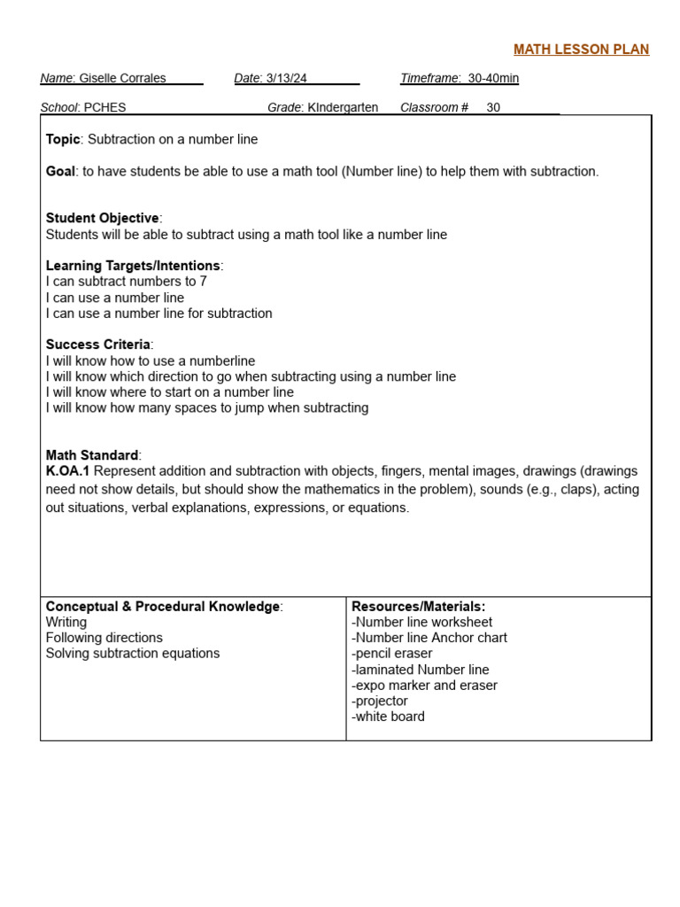 Number Line Lesson Plan | PDF | Procedural Knowledge | Mathematics