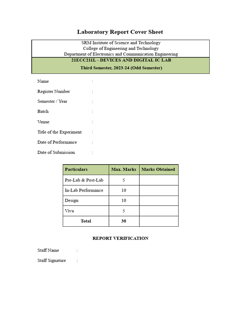 Laboratory Report Cover Sheet: 21Ecc211L - Devices and Digital Ic Lab ...