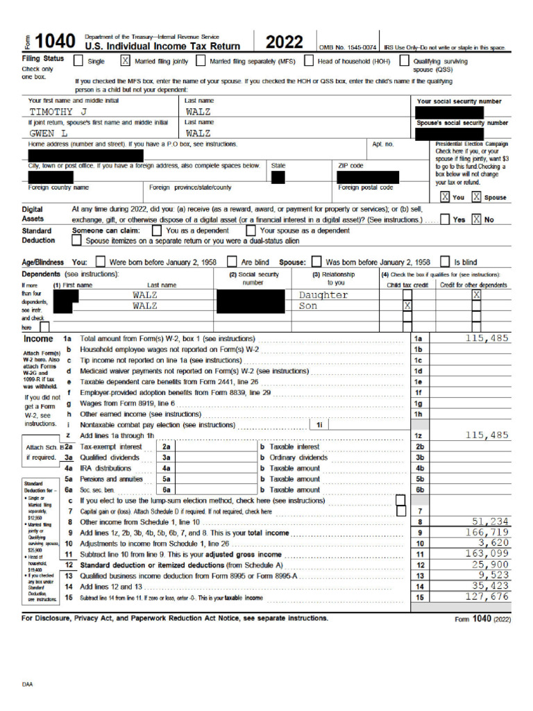 Gov. Walz 2022 Tax Returns - Redacted | PDF | Irs Tax Forms | Social ...