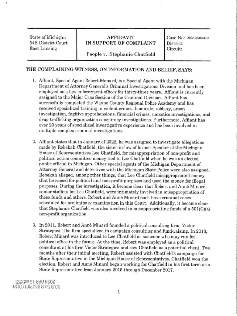 Michigan Affidavit: Chatfield Case Details | PDF | 501(C) Organization