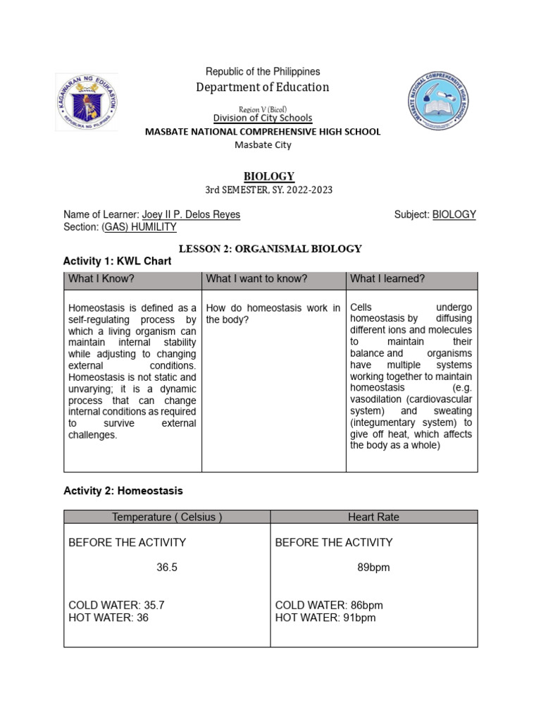Lesson 2 Organismal Biology | PDF | Homeostasis | Biology