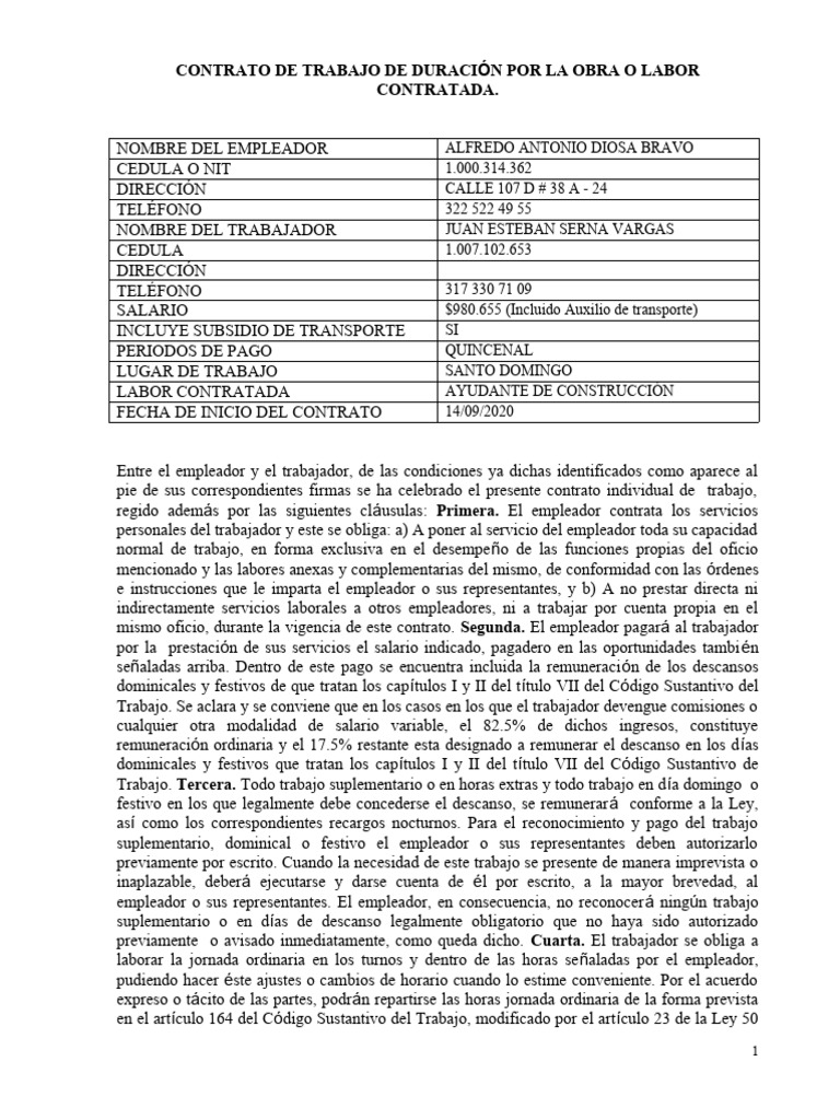 Contrato De Trabajo De Duración Por La Obra O Labor Contratada JUAN ESTEBAN | PDF | Salario ...