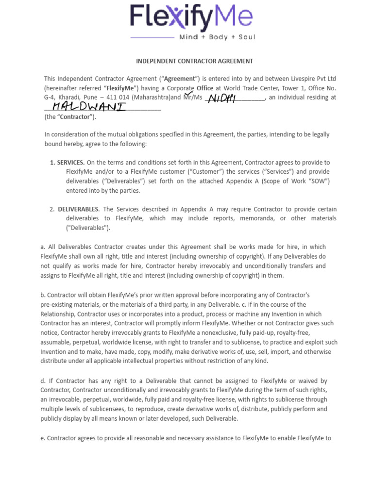 Yoga Instructor Contractor Agreement | PDF | Employment | Indemnity