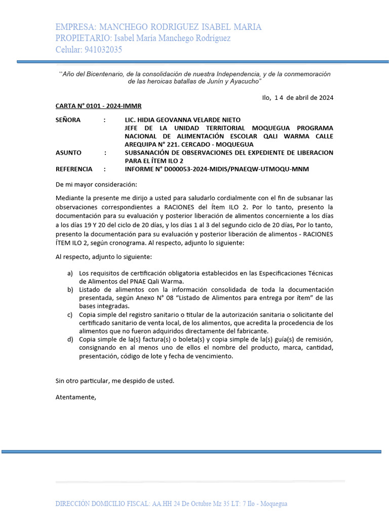 Subsanación Observaciones Ítem Ilo 2 | PDF