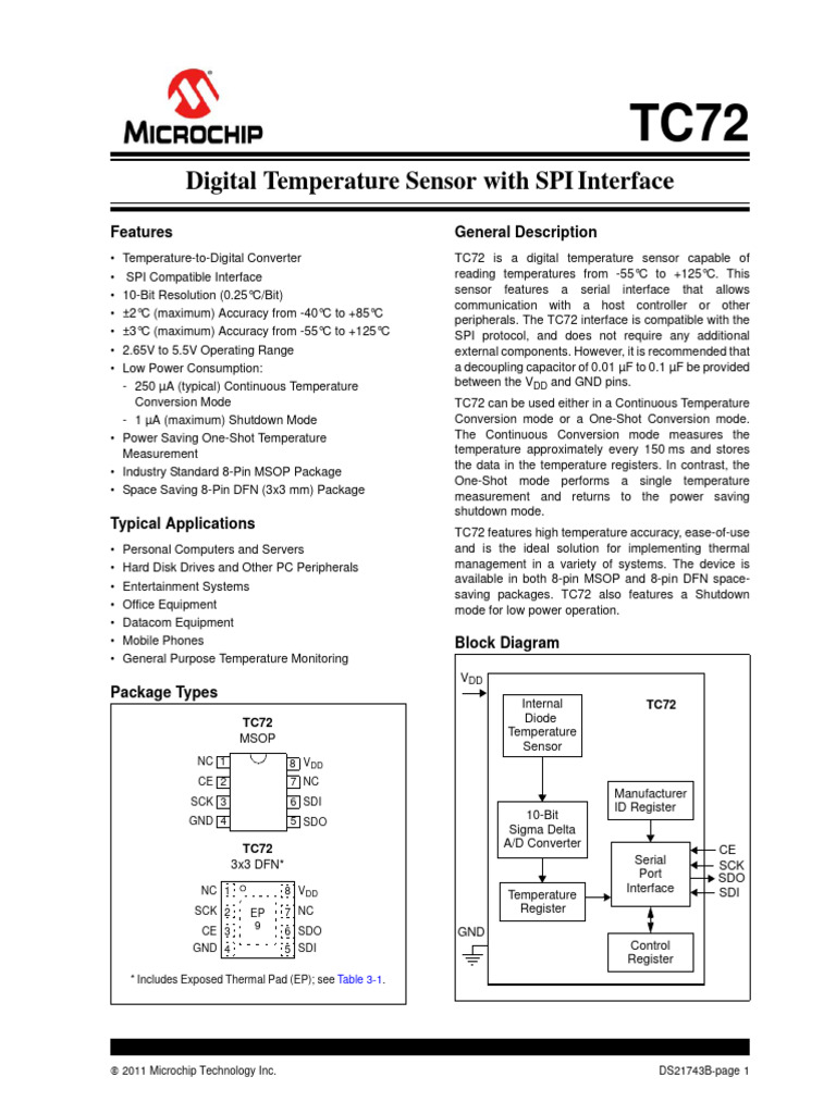 TC72 Digital Temp Sensor with SPI | PDF | Information And ...