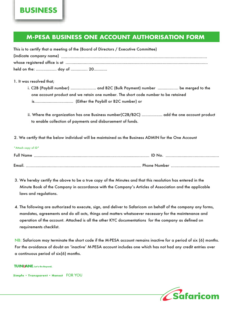 M-PESA One Account Opening Authorization Form 2022 Existing Customer ...
