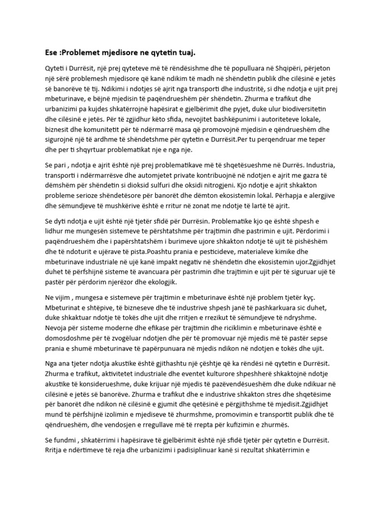 Ese:Problemet Mjedisore Ne Qytetin Tuaj | PDF
