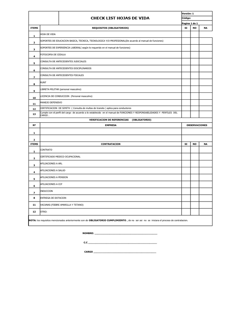 Check List de Hojas de Vida | PDF