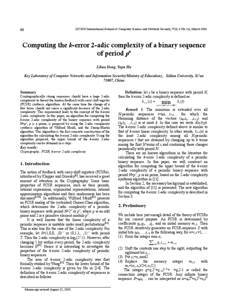 Computing The K-Error 2-Adic Complexity of A Binary Sequence of Period P | PDF | Computational ...