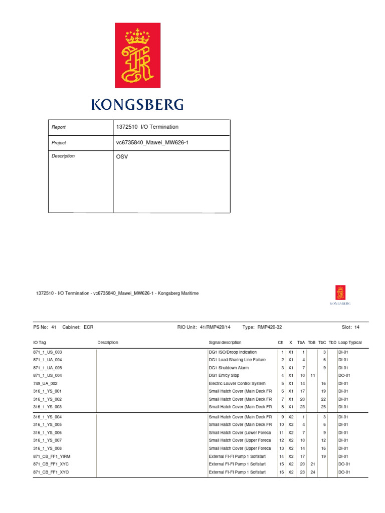 IO List Kongsberg | PDF | Pump | Transformer
