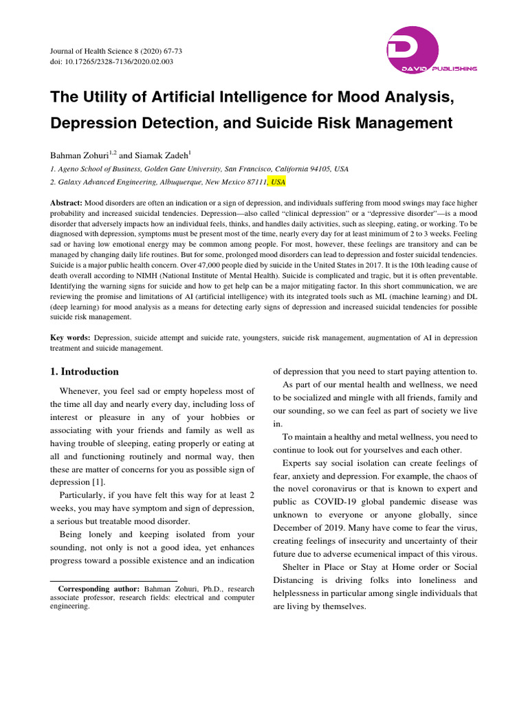 The Utilityof Artificial Intelligencefor Mood Analysis Depression ...