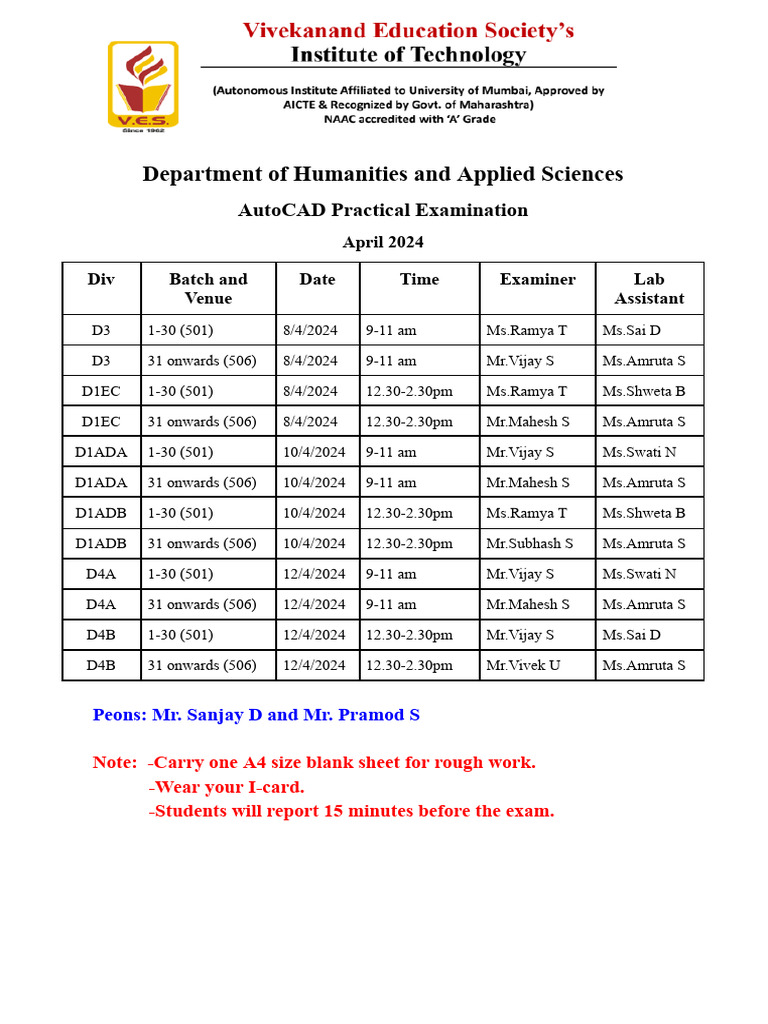 Schedule - AutoCAD Practical Examination - April 2024 | PDF