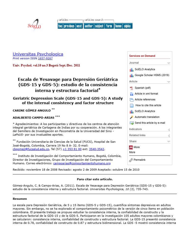 Escala de Yesavage para Depresión Geriátrica (GDS-15 y GDS-5) - Estudio de La Consistencia ...