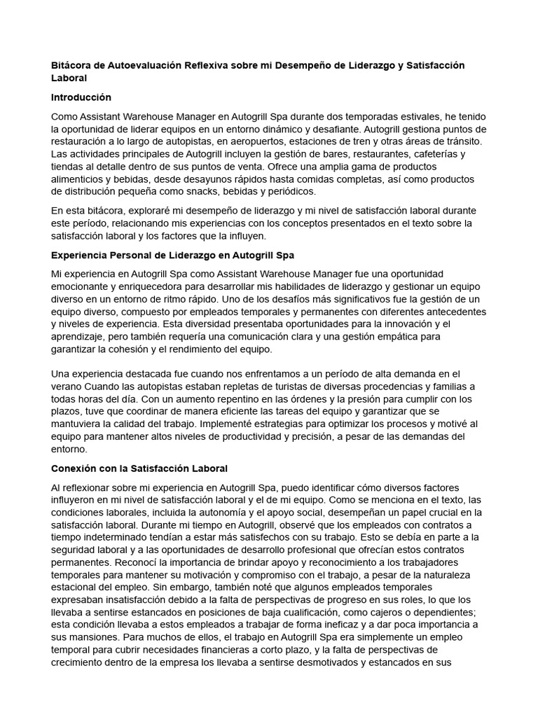 Bitácora de Autoevaluación Reflexiva Sobre Mi Desempeño de Liderazgo y Satisfacción Laboral ...