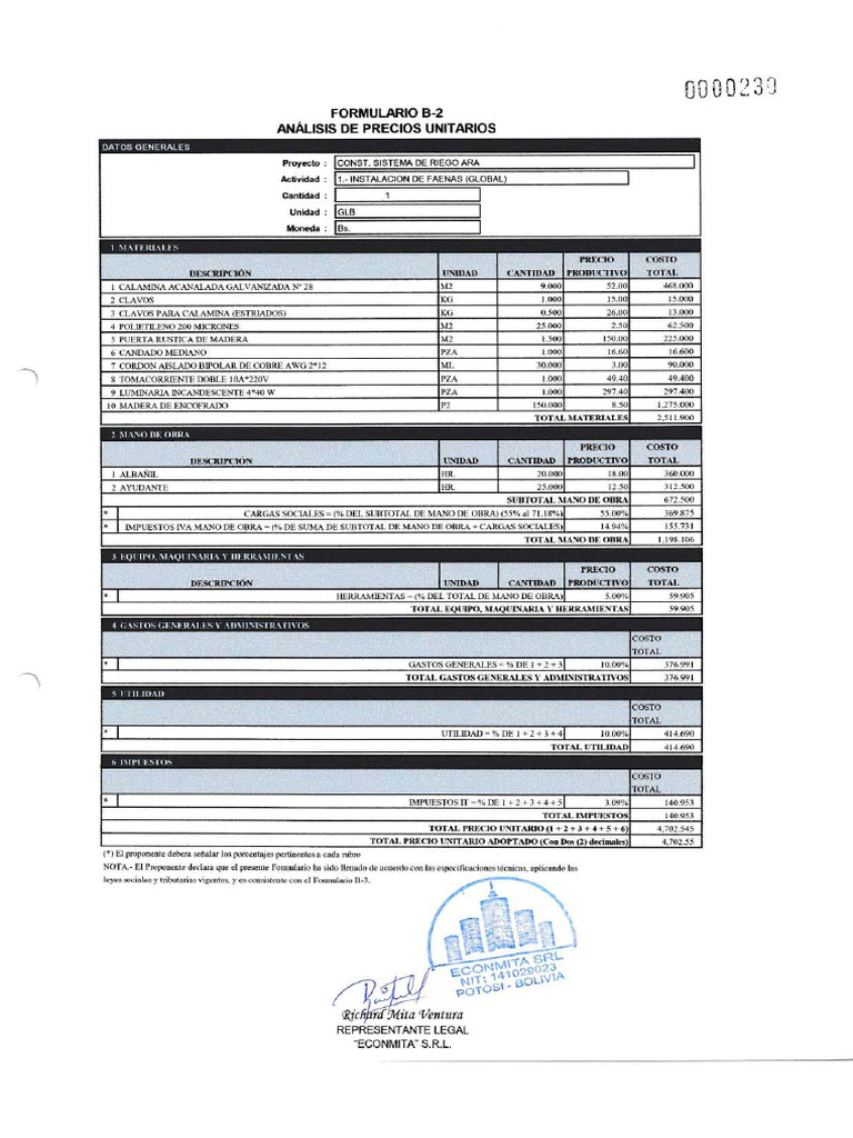 Formulario B-2 Analisis de Precios Unitarios - Compressed | PDF