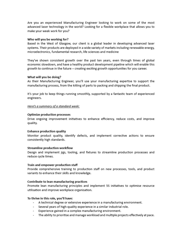 Manufacturing Engineer, Glasgow | PDF | Lean Manufacturing | Business