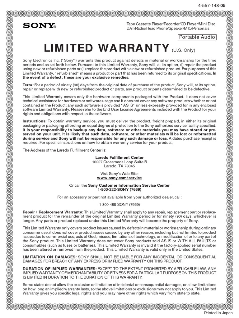 Sony MDR xb500 Warranty | PDF | Implied Warranty | Computer Hardware