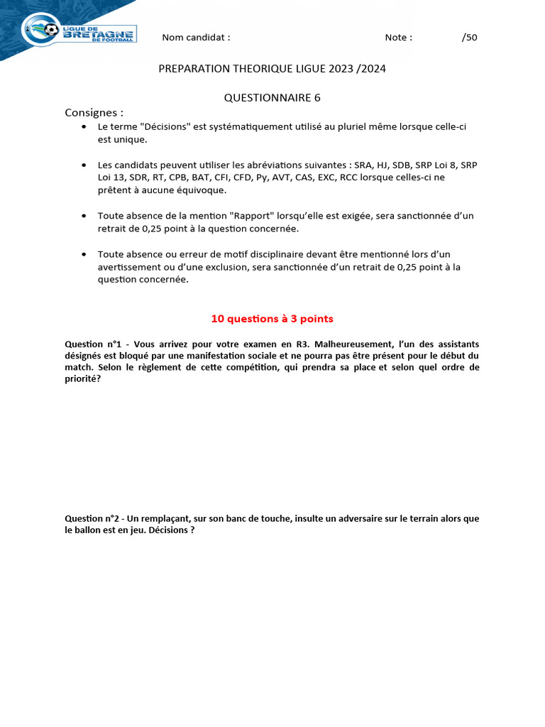 Questionnaire Arbitrage Football 2023/2024 | PDF | Variantes de sport ...